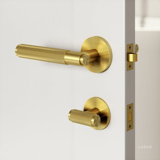 Luxe Knurled Brushed Gold Bathroom WC Door Handle Latch and Hinge Bundle - LUSSO